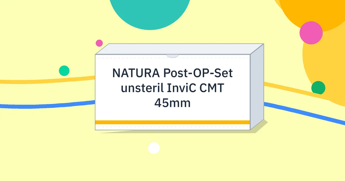 Symbolbild: Packung mit der Aufschrift NATURA Post-OP-Set unsteril InviC CMT 45mm (PZN 17871294) – Verfügbarkeit und Bezug in Apotheken in Frankfurt am Main