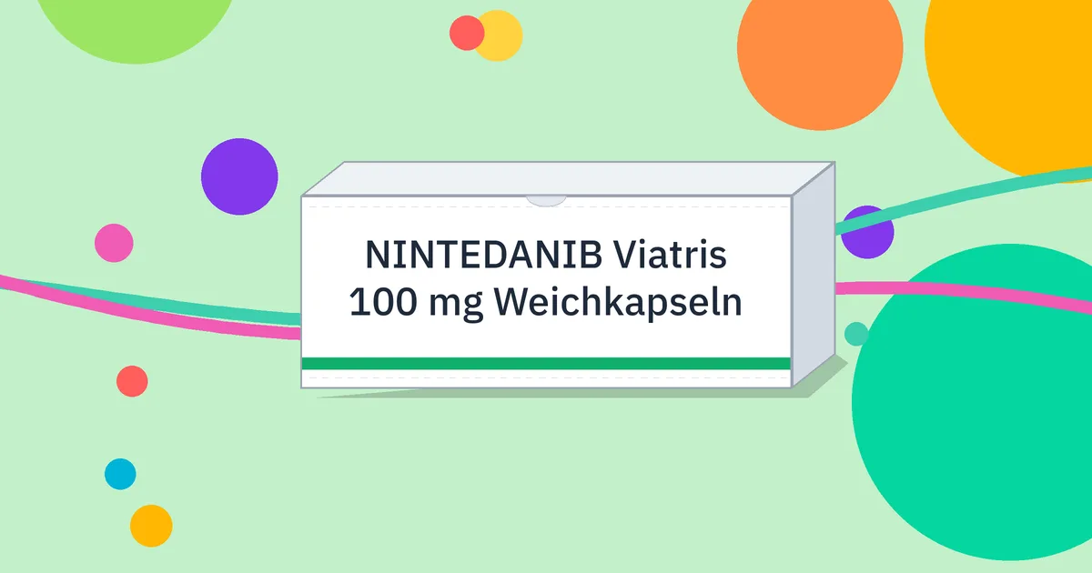 Symbolbild: Packung mit der Aufschrift NINTEDANIB Viatris 100 mg Weichkapseln (PZN 19989806) – Verfügbarkeit und Bezug in Apotheken in Frankfurt am Main