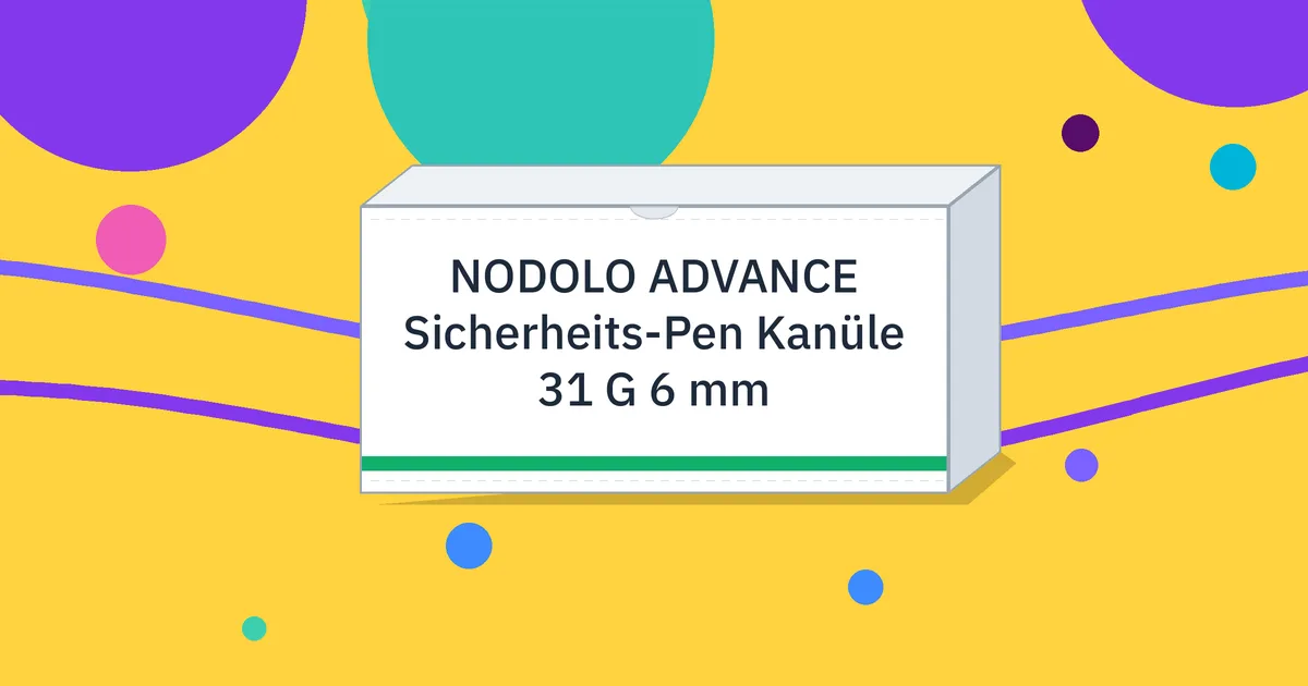 Symbolbild: Packung mit der Aufschrift NODOLO ADVANCE Sicherheits-Pen Kanüle 31 G 6 mm (PZN 19379918) – Verfügbarkeit und Bezug in Apotheken in Frankfurt am Main