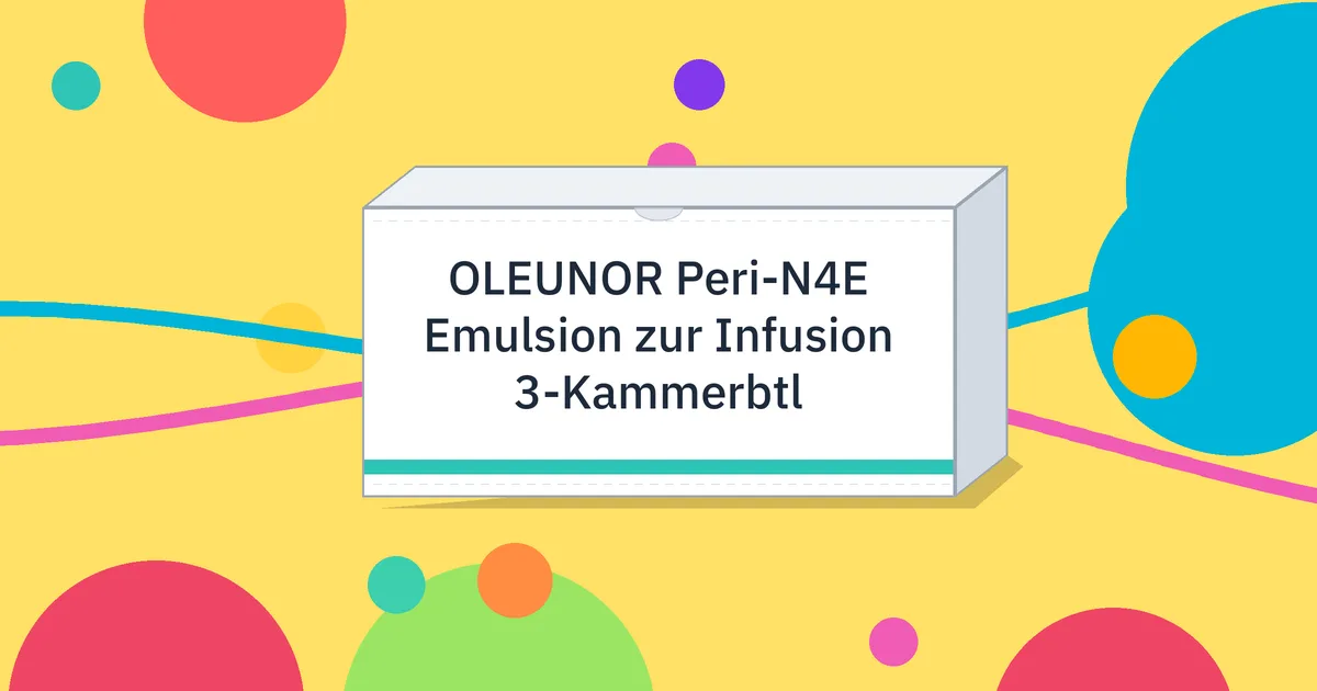 Symbolbild: Packung mit der Aufschrift OLEUNOR Peri-N4E Emulsion zur Infusion 3-Kammerbtl (PZN 17908815) – Verfügbarkeit und Bezug in Apotheken in Frankfurt am Main