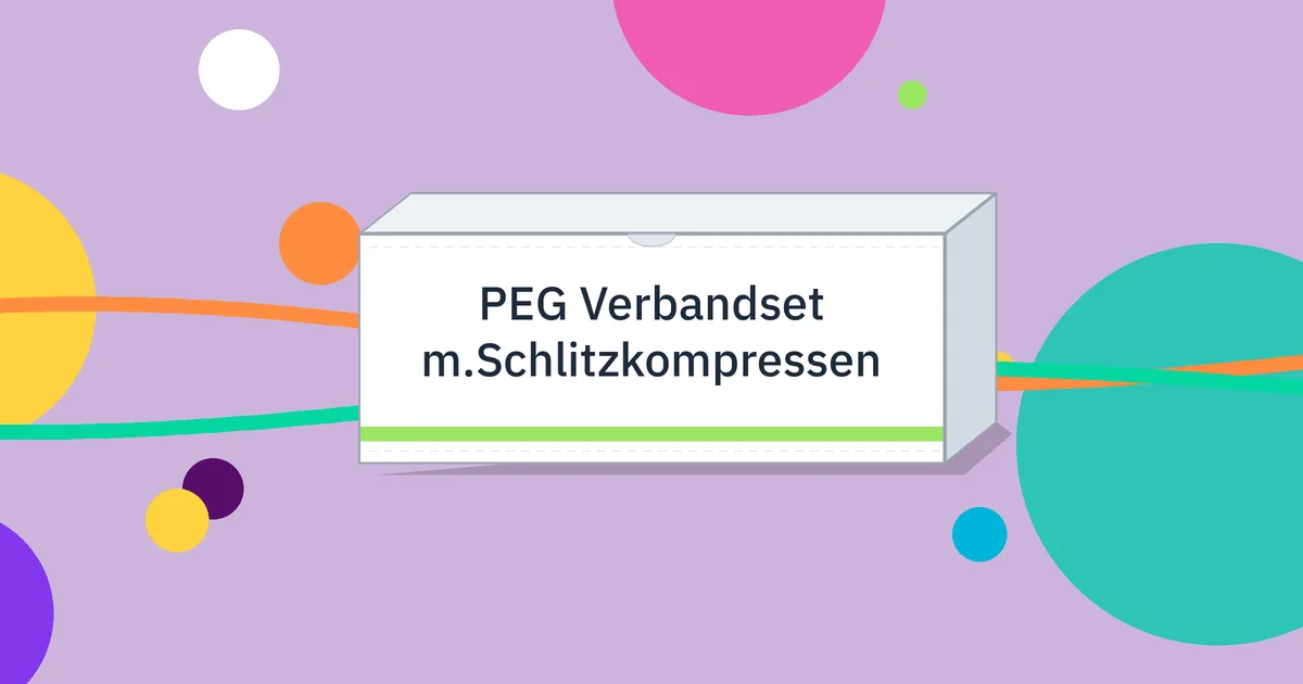 Symbolbild: Packung mit der Aufschrift PEG Verbandset m.Schlitzkompressen (PZN 06077133) – Verfügbarkeit und Bezug in Apotheken in Frankfurt am Main