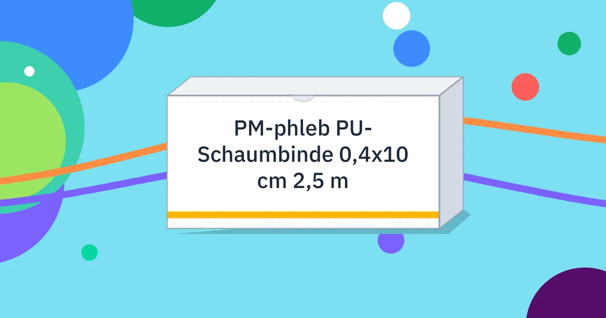 Symbolbild: Packung mit der Aufschrift PM-phleb PU-Schaumbinde 0,4x10 cm 2,5 m (PZN 18845703) – Verfügbarkeit und Bezug in Apotheken in Frankfurt am Main