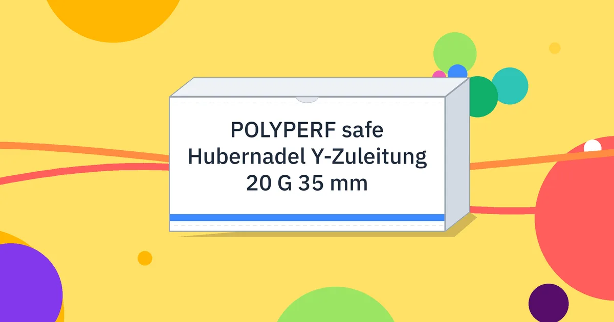 Symbolbild: Packung mit der Aufschrift POLYPERF safe Hubernadel Y-Zuleitung 20 G 35 mm (PZN 18114187) – Verfügbarkeit und Bezug in Apotheken in Frankfurt am Main
