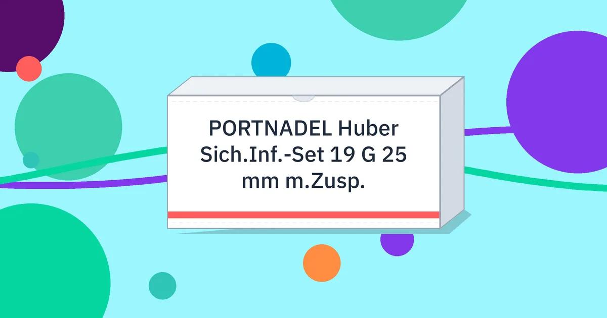 Symbolbild: Packung mit der Aufschrift PORTNADEL Huber Sich.Inf.-Set 19 G 25 mm m.Zusp. (PZN 00355269) – Verfügbarkeit und Bezug in Apotheken in Frankfurt am Main