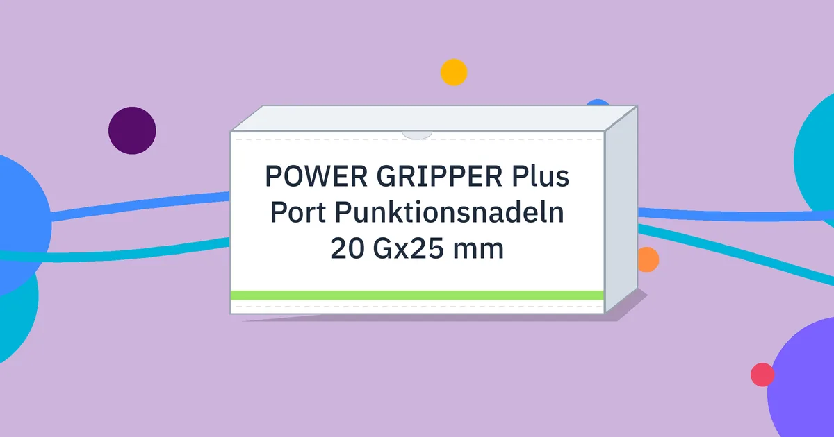 Symbolbild: Packung mit der Aufschrift POWER GRIPPER Plus Port Punktionsnadeln 20 Gx25 mm (PZN 09007512) – Verfügbarkeit und Bezug in Apotheken in Frankfurt am Main