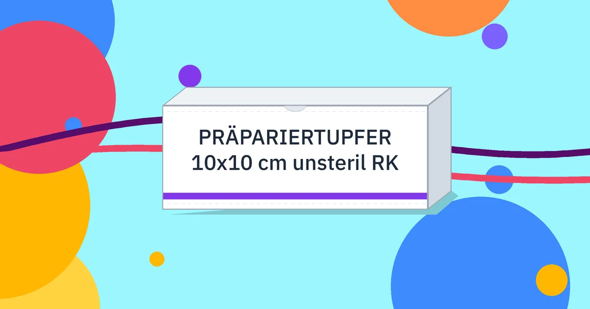 Symbolbild: Packung mit der Aufschrift PRÄPARIERTUPFER 10x10 cm unsteril RK (PZN 12386275) – Verfügbarkeit und Bezug in Apotheken in Frankfurt am Main