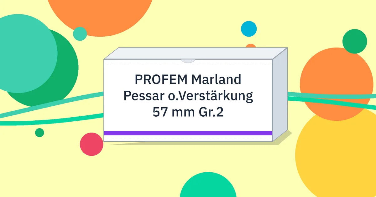 Symbolbild: Packung mit der Aufschrift PROFEM Marland Pessar o.Verstärkung 57 mm Gr.2 (PZN 11671884) – Verfügbarkeit und Bezug in Apotheken in Frankfurt am Main