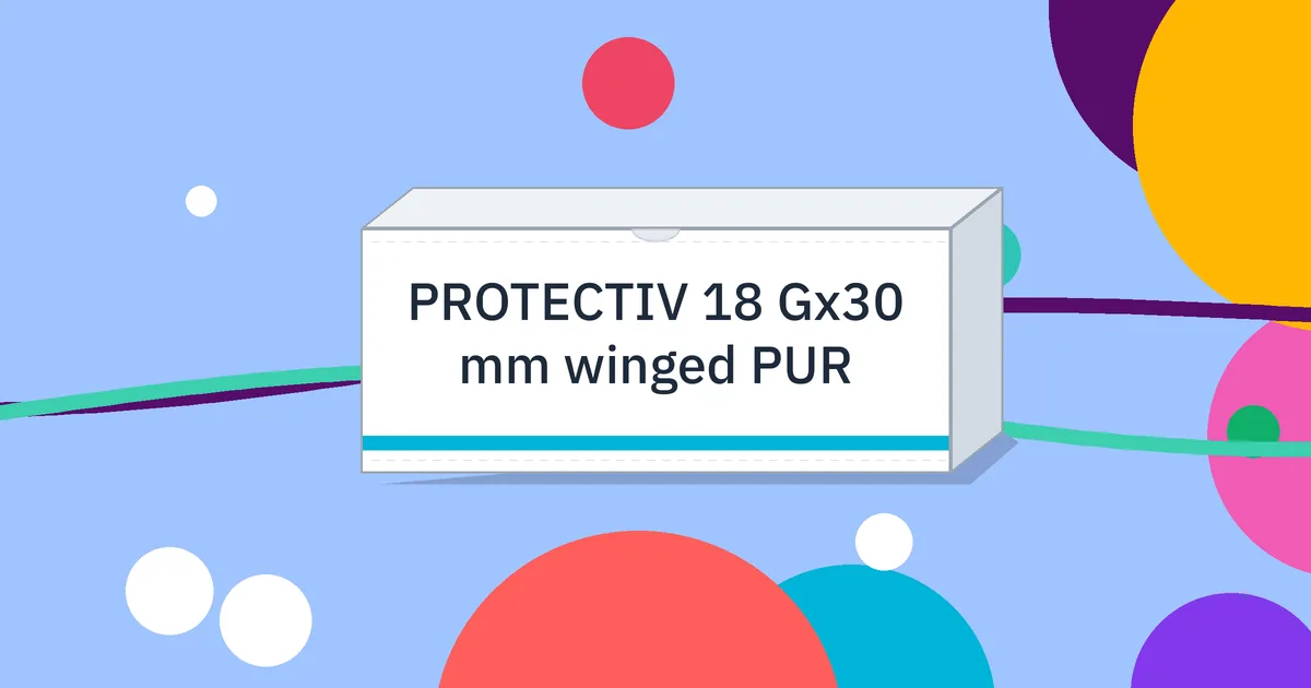 Symbolbild: Packung mit der Aufschrift PROTECTIV 18 Gx30 mm winged PUR (PZN 06447340) – Verfügbarkeit und Bezug in Apotheken in Frankfurt am Main