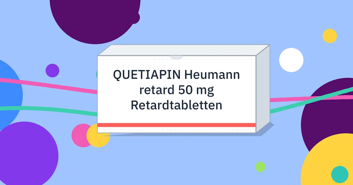 Symbolbild: Packung mit der Aufschrift QUETIAPIN Heumann retard 50 mg Retardtabletten (PZN 09232864) – Verfügbarkeit und Bezug in Apotheken in Frankfurt am Main