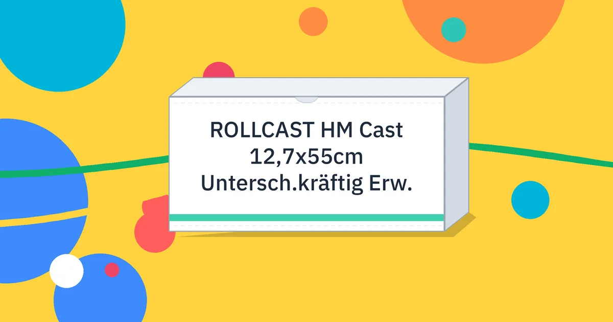 Symbolbild: Packung mit der Aufschrift ROLLCAST HM Cast 12,7x55cm Untersch.kräftig Erw. (PZN 18270823) – Verfügbarkeit und Bezug in Apotheken in Frankfurt am Main