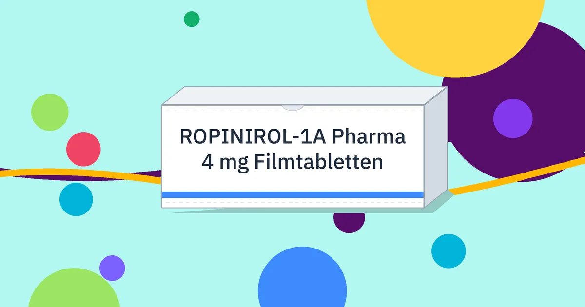 Symbolbild: Packung mit der Aufschrift ROPINIROL-1A Pharma 4 mg Filmtabletten (PZN 09062439) – Verfügbarkeit und Bezug in Apotheken in Frankfurt am Main