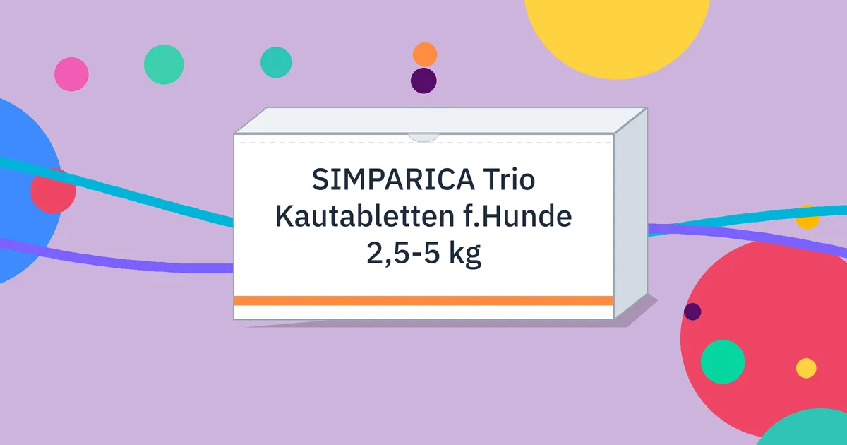 Symbolbild: Packung mit der Aufschrift SIMPARICA Trio Kautabletten f.Hunde 2,5-5 kg (PZN 17150749) – Verfügbarkeit und Bezug in Apotheken in Frankfurt am Main