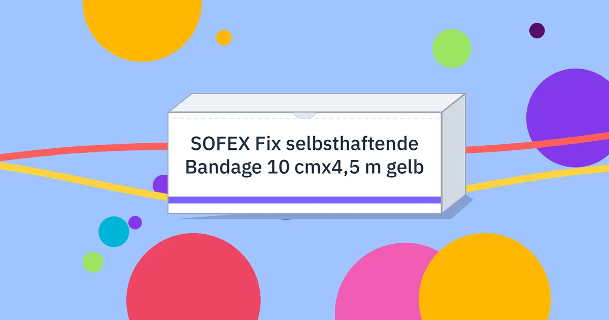 Symbolbild: Packung mit der Aufschrift SOFEX Fix selbsthaftende Bandage 10 cmx4,5 m gelb (PZN 18219495) – Verfügbarkeit und Bezug in Apotheken in Frankfurt am Main