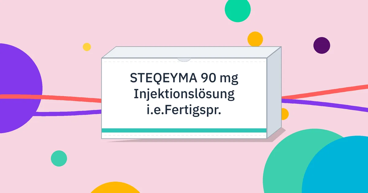 Symbolbild: Packung mit der Aufschrift STEQEYMA 90 mg Injektionslösung i.e.Fertigspr. (PZN 19825329) – Verfügbarkeit und Bezug in Apotheken in Frankfurt am Main