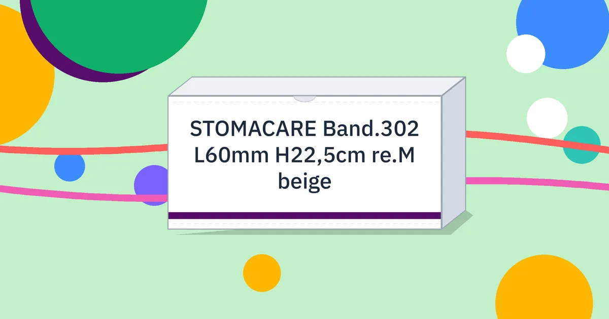 Symbolbild: Packung mit der Aufschrift STOMACARE Band.302 L60mm H22,5cm re.M beige (PZN 10840126) – Verfügbarkeit und Bezug in Apotheken in Frankfurt am Main