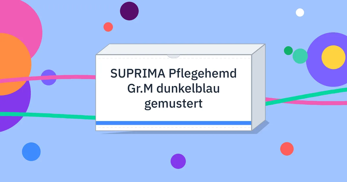 Symbolbild: Packung mit der Aufschrift SUPRIMA Pflegehemd Gr.M dunkelblau gemustert (PZN 03437401) – Verfügbarkeit und Bezug in Apotheken in Frankfurt am Main