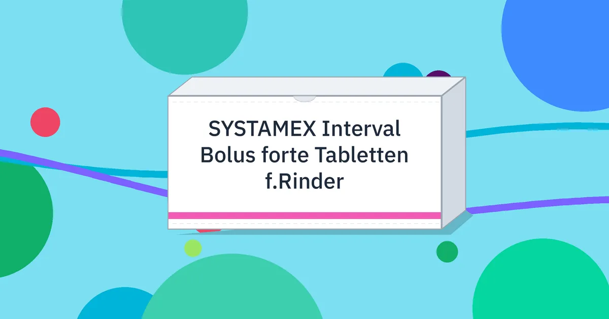 Symbolbild: Packung mit der Aufschrift SYSTAMEX Interval Bolus forte Tabletten f.Rinder (PZN 07727030) – Verfügbarkeit und Bezug in Apotheken in Frankfurt am Main