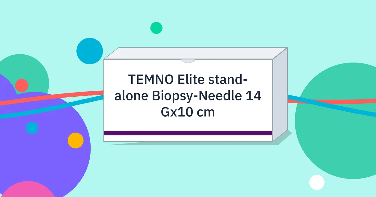 Symbolbild: Packung mit der Aufschrift TEMNO Elite stand-alone Biopsy-Needle 14 Gx10 cm (PZN 18765111) – Verfügbarkeit und Bezug in Apotheken in Frankfurt am Main