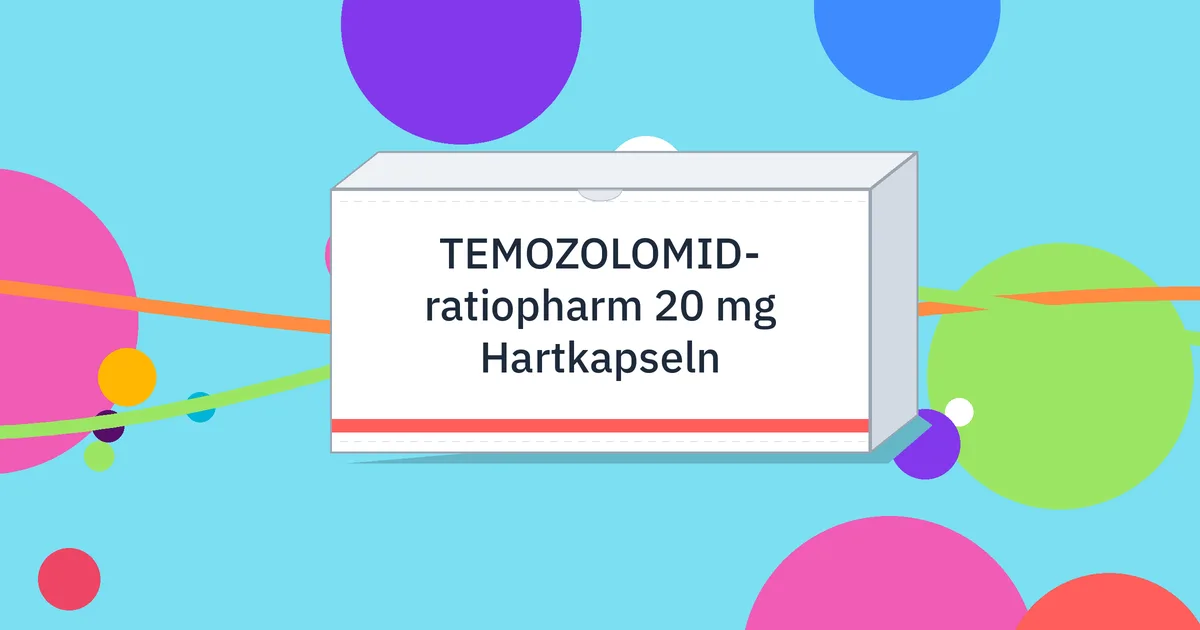 Symbolbild: Packung mit der Aufschrift TEMOZOLOMID-ratiopharm 20 mg Hartkapseln (PZN 05884624) – Verfügbarkeit und Bezug in Apotheken in Frankfurt am Main