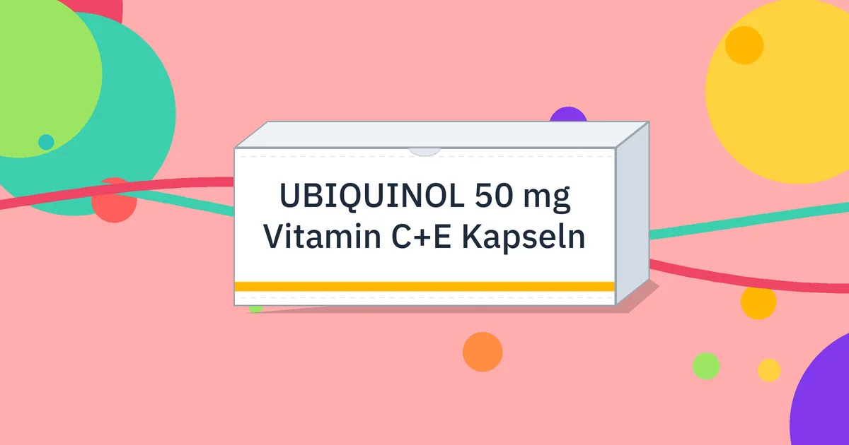 Symbolbild: Packung mit der Aufschrift UBIQUINOL 50 mg Vitamin C+E Kapseln (PZN 09083068) – Verfügbarkeit und Bezug in Apotheken in Frankfurt am Main