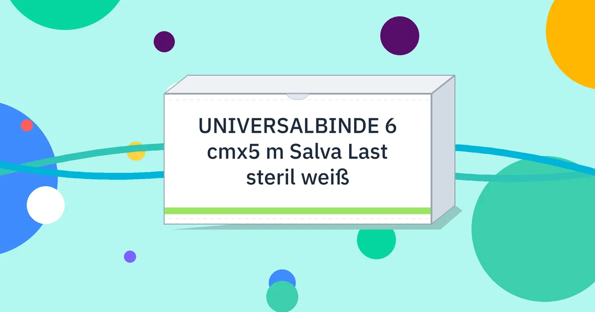 Symbolbild: Packung mit der Aufschrift UNIVERSALBINDE 6 cmx5 m Salva Last steril weiß (PZN 17152441) – Verfügbarkeit und Bezug in Apotheken in Frankfurt am Main