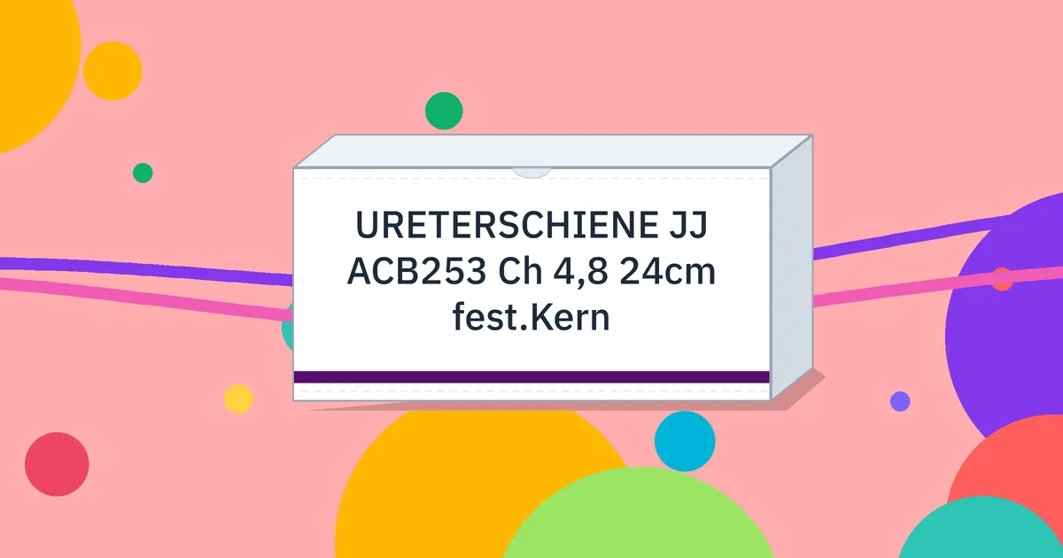 Symbolbild: Packung mit der Aufschrift URETERSCHIENE JJ ACB253 Ch 4,8 24cm fest.Kern (PZN 01358005) – Verfügbarkeit und Bezug in Apotheken in Frankfurt am Main