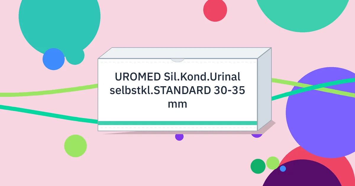 Symbolbild: Packung mit der Aufschrift UROMED Sil.Kond.Urinal selbstkl.STANDARD 30-35 mm (PZN 18389694) – Verfügbarkeit und Bezug in Apotheken in Frankfurt am Main