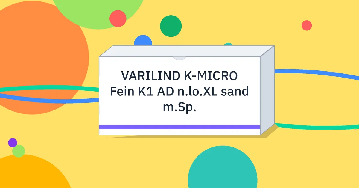 Symbolbild: Packung mit der Aufschrift VARILIND K-MICRO Fein K1 AD n.lo.XL sand m.Sp. (PZN 20618883) – Verfügbarkeit und Bezug in Apotheken in Frankfurt am Main