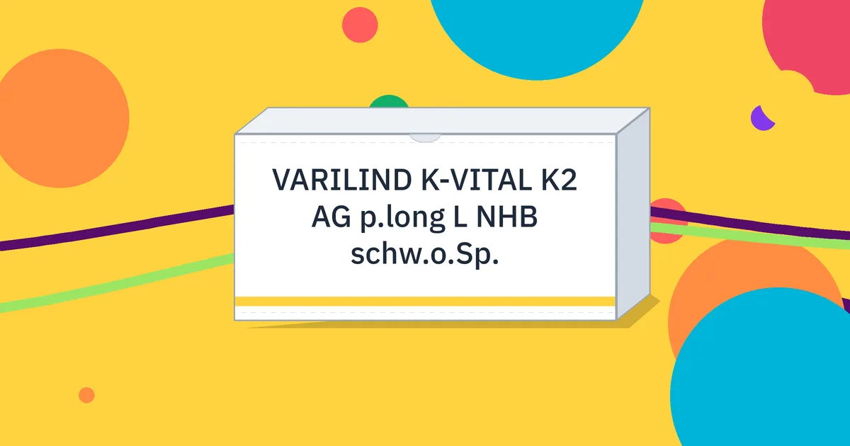 Symbolbild: Packung mit der Aufschrift VARILIND K-VITAL K2 AG p.long L NHB schw.o.Sp. (PZN 20565371) – Verfügbarkeit und Bezug in Apotheken in Frankfurt am Main
