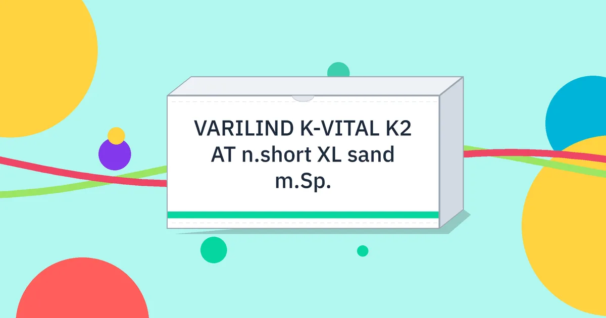 Symbolbild: Packung mit der Aufschrift VARILIND K-VITAL K2 AT n.short XL sand m.Sp. (PZN 20561120) – Verfügbarkeit und Bezug in Apotheken in Frankfurt am Main