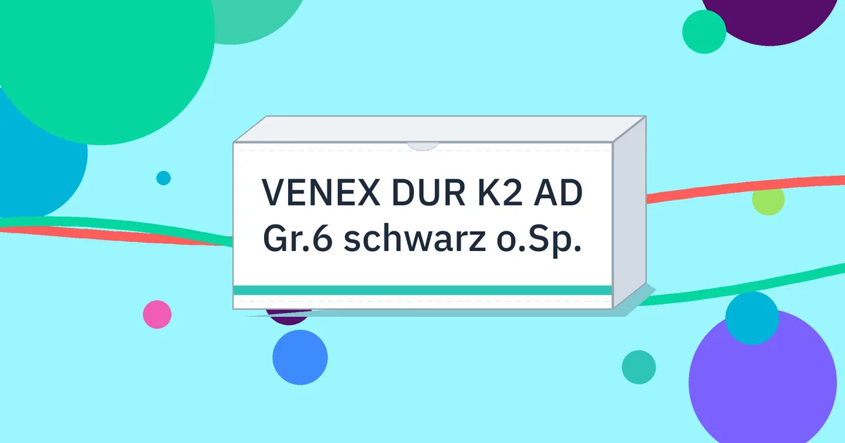 Symbolbild: Packung mit der Aufschrift VENEX DUR K2 AD Gr.6 schwarz o.Sp. (PZN 03212381) – Verfügbarkeit und Bezug in Apotheken in Frankfurt am Main