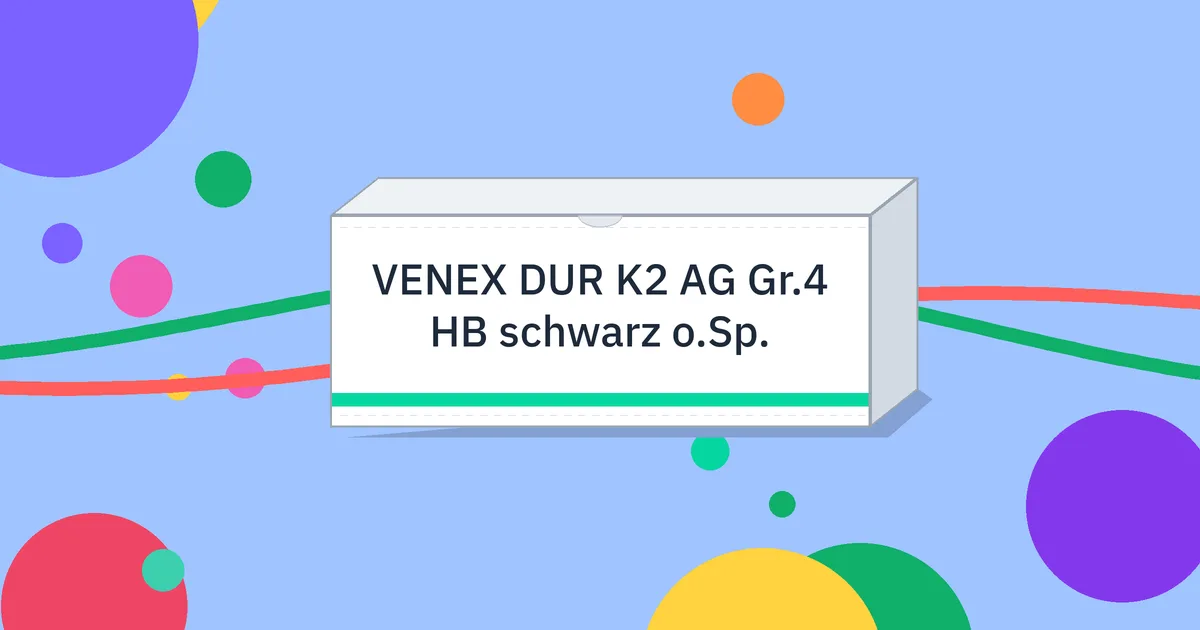 Symbolbild: Packung mit der Aufschrift VENEX DUR K2 AG Gr.4 HB schwarz o.Sp. (PZN 03221397) – Verfügbarkeit und Bezug in Apotheken in Frankfurt am Main