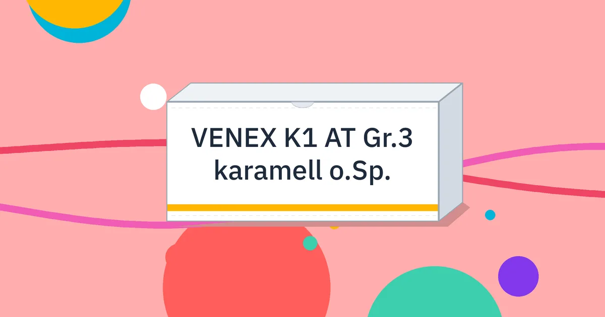 Symbolbild: Packung mit der Aufschrift VENEX K1 AT Gr.3 karamell o.Sp. (PZN 13759258) – Verfügbarkeit und Bezug in Apotheken in Frankfurt am Main