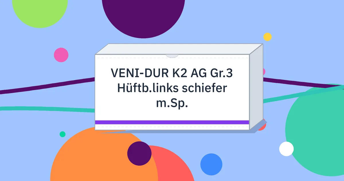 Symbolbild: Packung mit der Aufschrift VENI-DUR K2 AG Gr.3 Hüftb.links schiefer m.Sp. (PZN 03249390) – Verfügbarkeit und Bezug in Apotheken in Frankfurt am Main