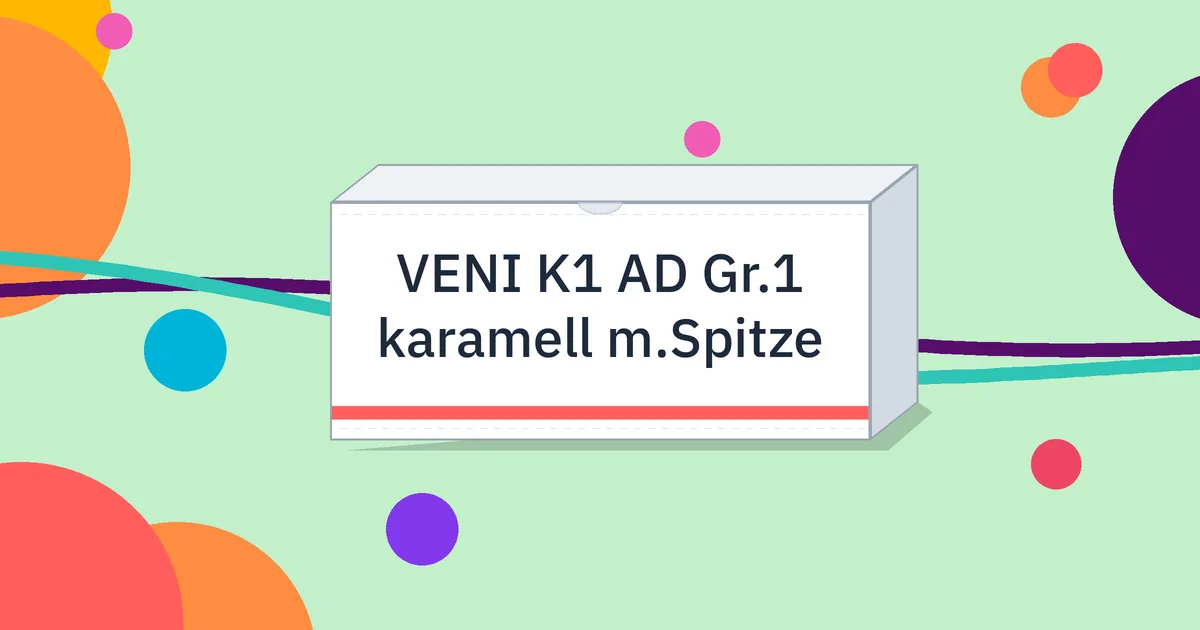 Symbolbild: Packung mit der Aufschrift VENI K1 AD Gr.1 karamell m.Spitze (PZN 13756001) – Verfügbarkeit und Bezug in Apotheken in Frankfurt am Main