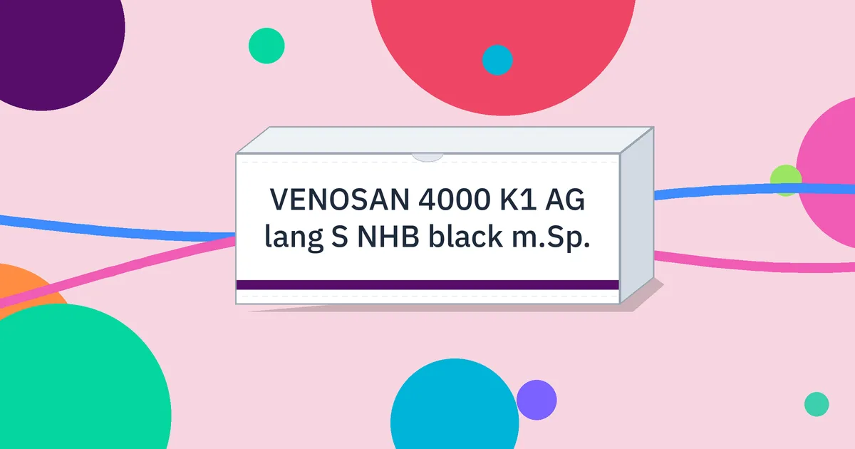 Symbolbild: Packung mit der Aufschrift VENOSAN 4000 K1 AG lang S NHB black m.Sp. (PZN 14426932) – Verfügbarkeit und Bezug in Apotheken in Frankfurt am Main