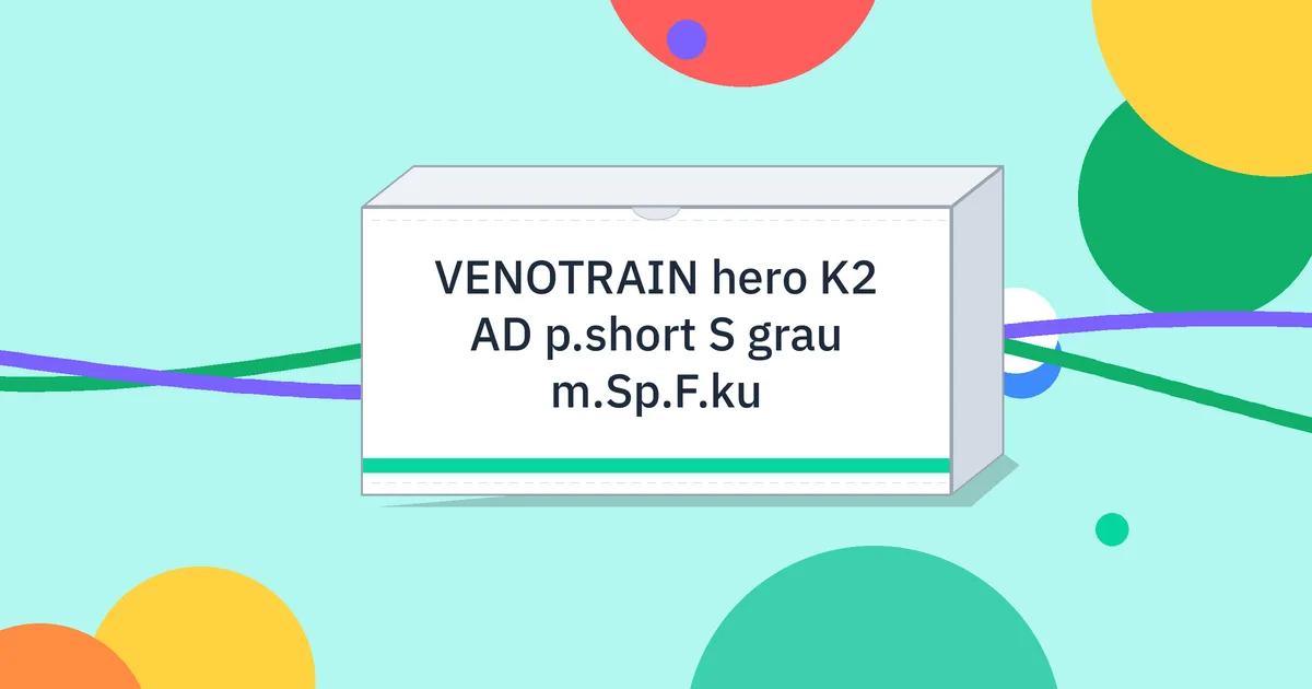 Symbolbild: Packung mit der Aufschrift VENOTRAIN hero K2 AD p.short S grau m.Sp.F.ku (PZN 19190285) – Verfügbarkeit und Bezug in Apotheken in Frankfurt am Main