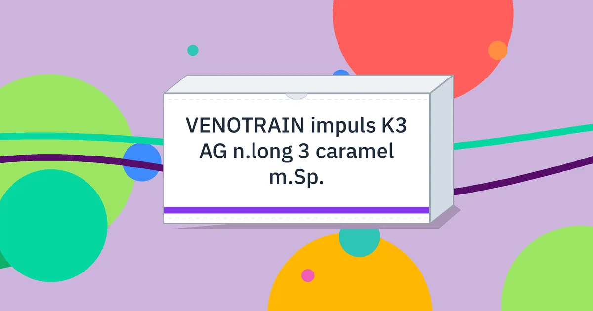 Symbolbild: Packung mit der Aufschrift VENOTRAIN impuls K3 AG n.long 3 caramel m.Sp. (PZN 00496544) – Verfügbarkeit und Bezug in Apotheken in Frankfurt am Main