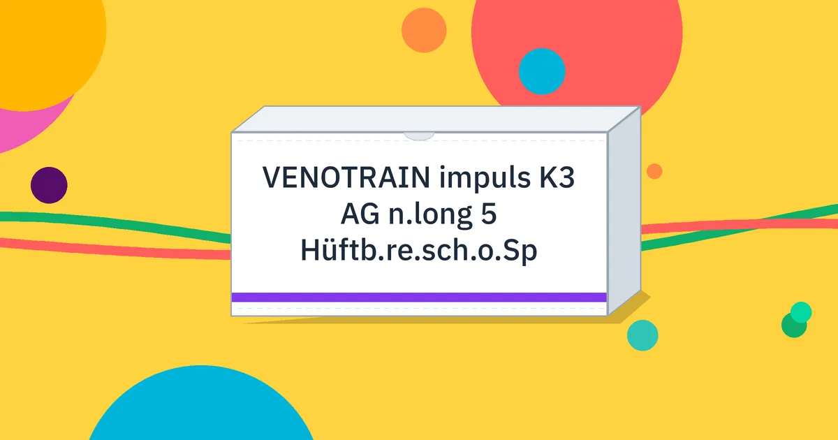 Symbolbild: Packung mit der Aufschrift VENOTRAIN impuls K3 AG n.long 5 Hüftb.re.sch.o.Sp (PZN 10294190) – Verfügbarkeit und Bezug in Apotheken in Frankfurt am Main