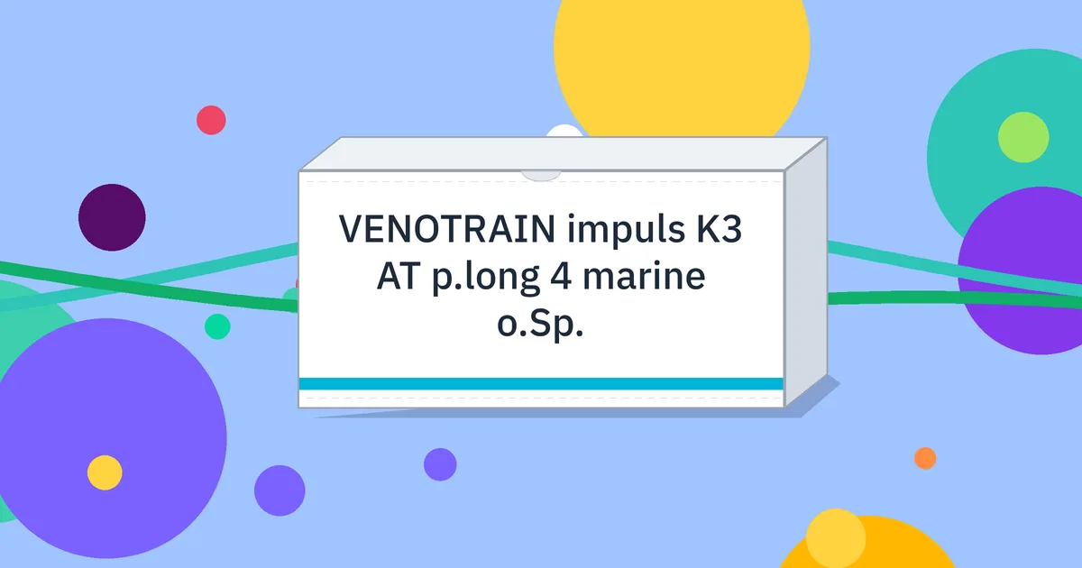 Symbolbild: Packung mit der Aufschrift VENOTRAIN impuls K3 AT p.long 4 marine o.Sp. (PZN 19356030) – Verfügbarkeit und Bezug in Apotheken in Frankfurt am Main