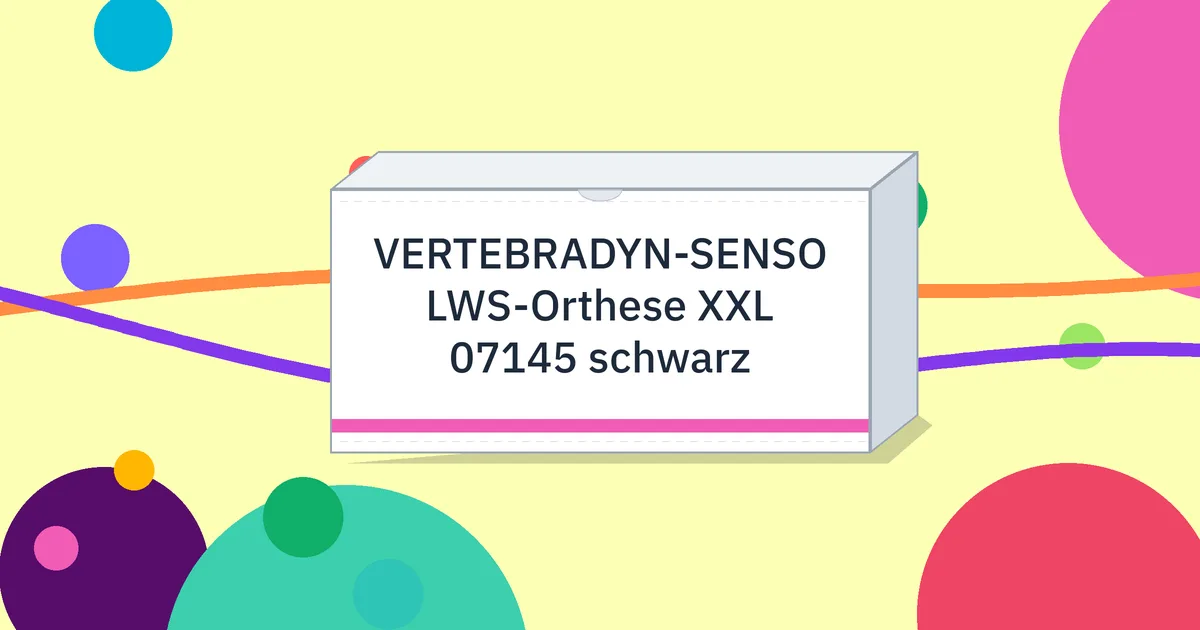 Symbolbild: Packung mit der Aufschrift VERTEBRADYN-SENSO LWS-Orthese XXL 07145 schwarz (PZN 06826936) – Verfügbarkeit und Bezug in Apotheken in Frankfurt am Main