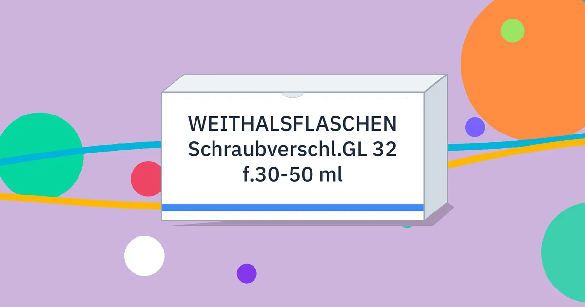 Symbolbild: Packung mit der Aufschrift WEITHALSFLASCHEN Schraubverschl.GL 32 f.30-50 ml (PZN 18015290) – Verfügbarkeit und Bezug in Apotheken in Frankfurt am Main