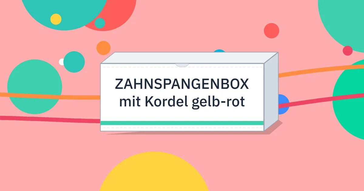 Symbolbild: Packung mit der Aufschrift ZAHNSPANGENBOX mit Kordel gelb-rot (PZN 10988277) – Verfügbarkeit und Bezug in Apotheken in Frankfurt am Main
