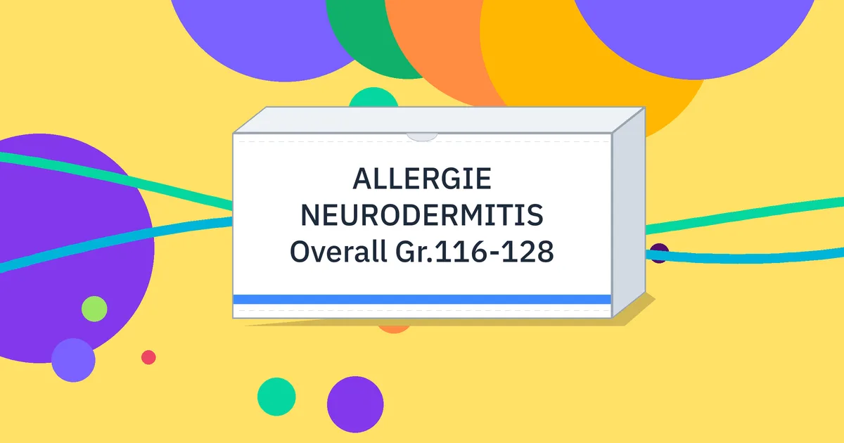 Symbolbild: Packung mit der Aufschrift ALLERGIE NEURODERMITIS Overall Gr.116-128 (PZN 01687565) – Verfügbarkeit und Bezug in Apotheken in Frankfurt am Main