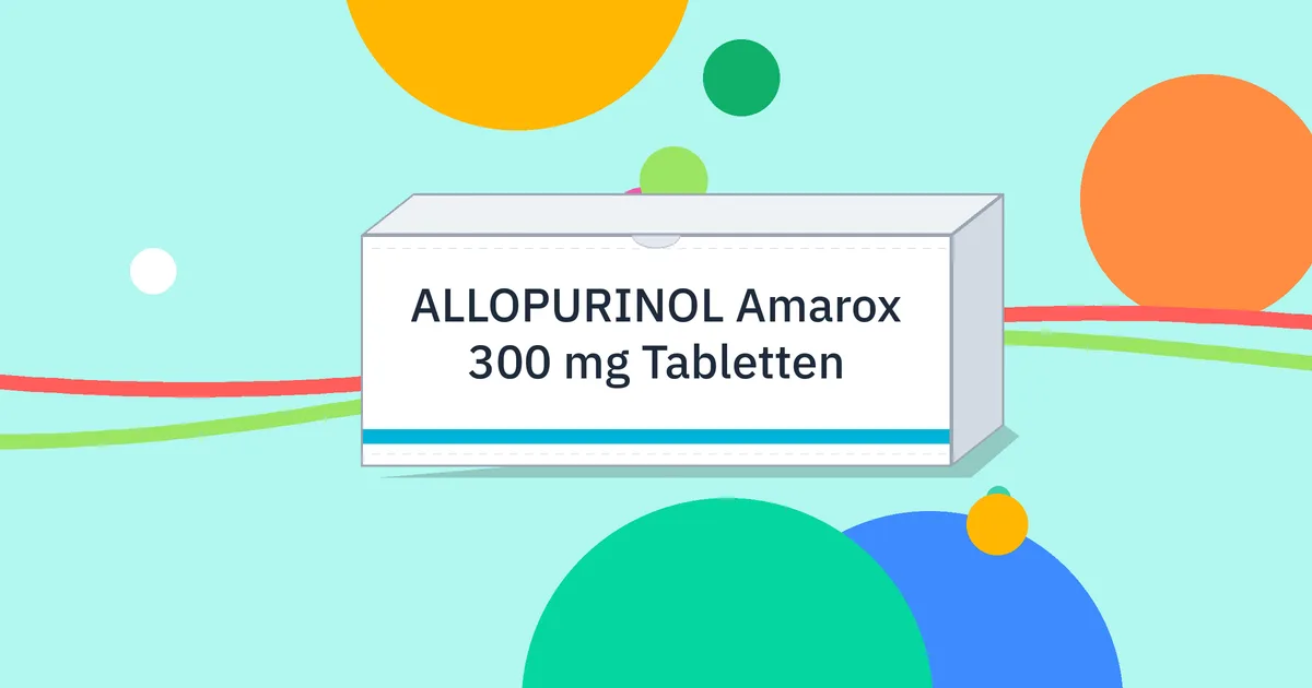 Symbolbild: Packung mit der Aufschrift ALLOPURINOL Amarox 300 mg Tabletten (PZN 18273282) – Verfügbarkeit und Bezug in Apotheken in Frankfurt am Main