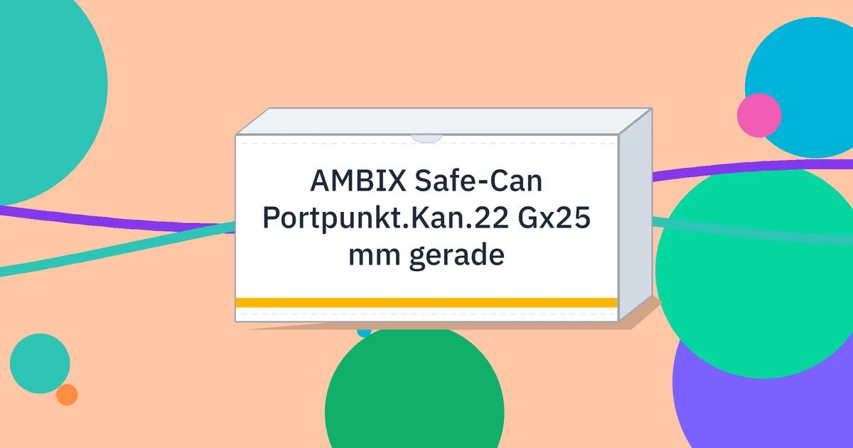 Symbolbild: Packung mit der Aufschrift AMBIX Safe-Can Portpunkt.Kan.22 Gx25 mm gerade (PZN 13968973) – Verfügbarkeit und Bezug in Apotheken in Frankfurt am Main