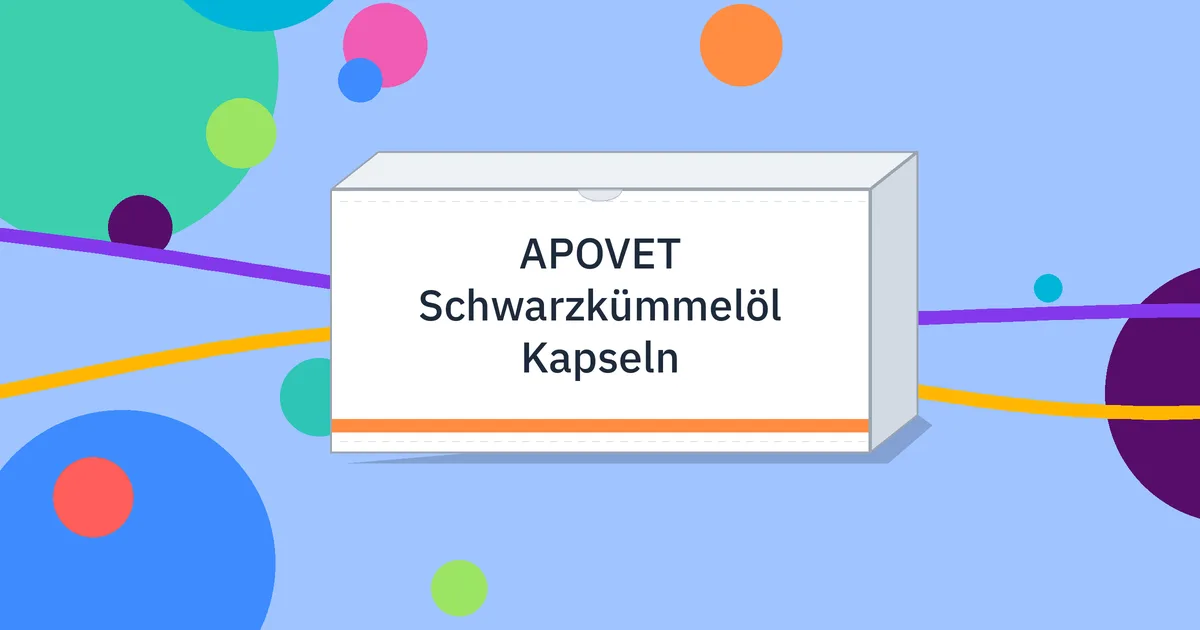 Symbolbild: Packung mit der Aufschrift APOVET Schwarzkümmelöl Kapseln (PZN 14415851) – Verfügbarkeit und Bezug in Apotheken in Frankfurt am Main