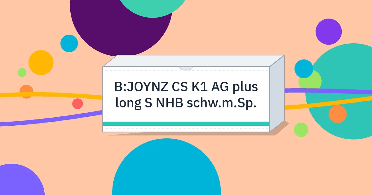 Symbolbild: Packung mit der Aufschrift B:JOYNZ CS K1 AG plus long S NHB schw.m.Sp. (PZN 20534063) – Verfügbarkeit und Bezug in Apotheken in Frankfurt am Main