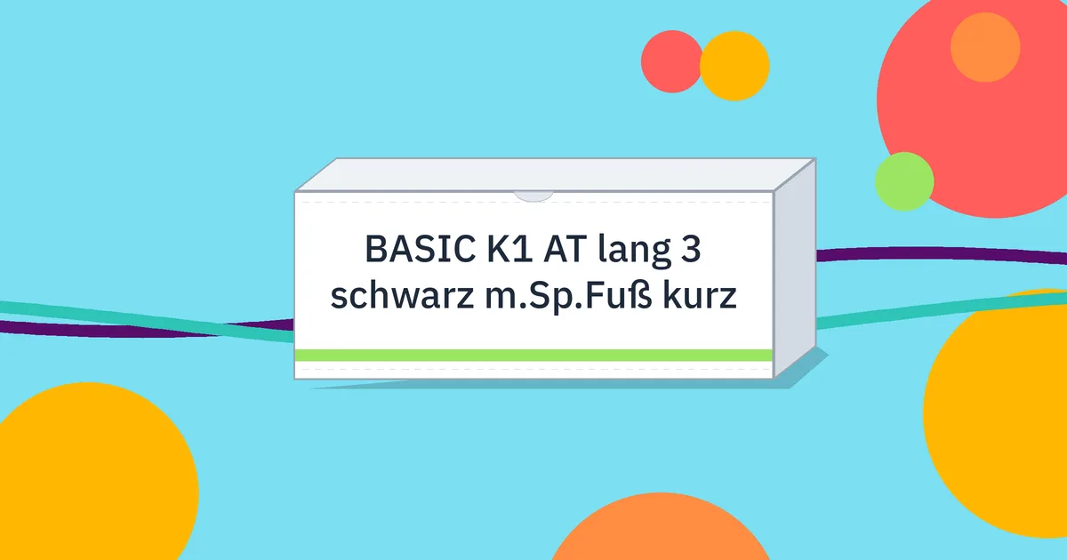 Symbolbild: Packung mit der Aufschrift BASIC K1 AT lang 3 schwarz m.Sp.Fuß kurz (PZN 20262512) – Verfügbarkeit und Bezug in Apotheken in Frankfurt am Main