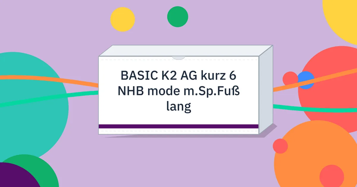 Symbolbild: Packung mit der Aufschrift BASIC K2 AG kurz 6 NHB mode m.Sp.Fuß lang (PZN 20268584) – Verfügbarkeit und Bezug in Apotheken in Frankfurt am Main
